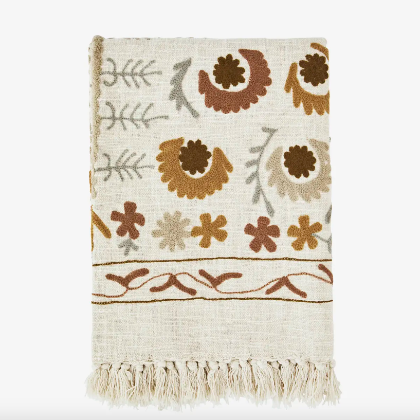 Sani Embroidered Cotton Throw | Design Vintage | Floral Blanket